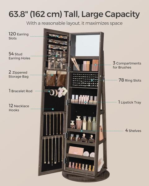 Quality Brown 360° Swivel Jewelry Cabinet Rectangle Standing Mirror With Storage for sale