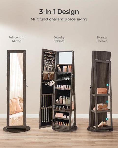 Quality Brown 360° Swivel Jewelry Cabinet Rectangle Standing Mirror With Storage for sale