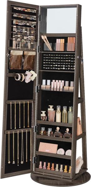 Quality Brown 360° Swivel Jewelry Cabinet Rectangle Standing Mirror With Storage for sale