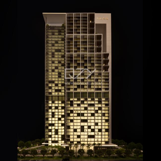 Close-up view of lighting effects on Dubai Iman Sierra Tower model