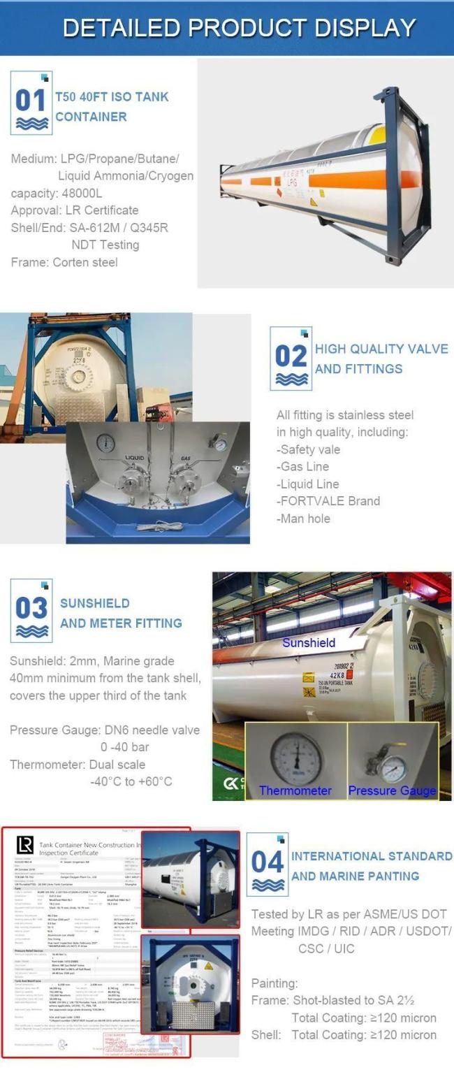 Un T50 40FT ISO Tank Container for Compressed Liquefied Gas LPG Chlorine Ammonia Tank Container