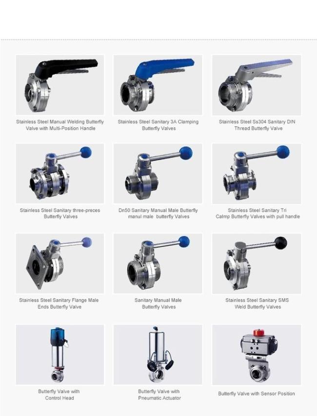 Sanitary stainless steel 316L tri-clampe hygienic butterfly valves with Ss Gripper Handle