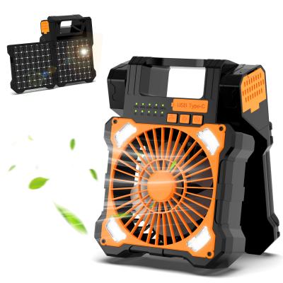 China Solar Camping Fan with Dual Solar Panels Dimmable LED Light and Timer Function for Outdoor Use for sale