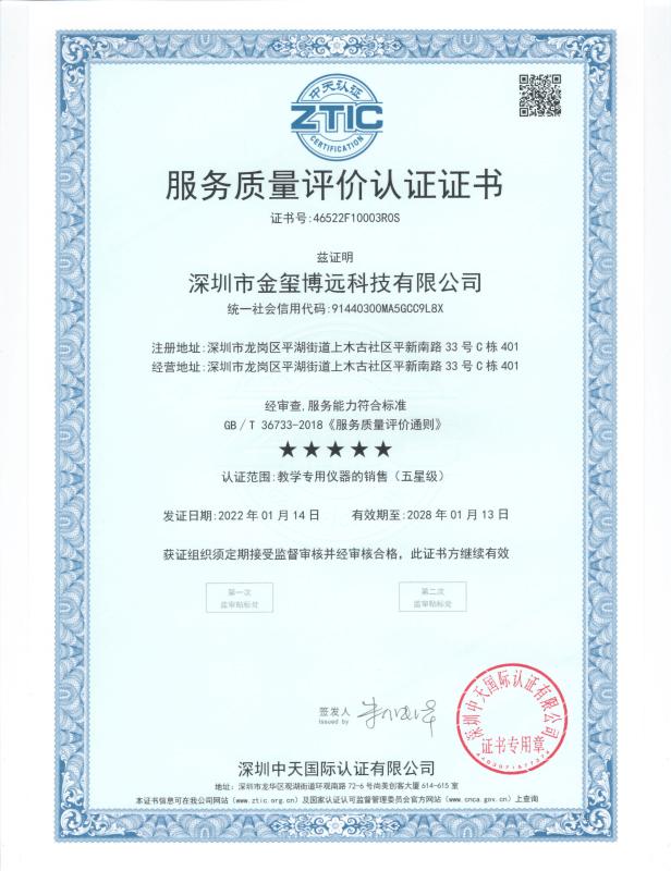 ZTIC Service Quality Evaluation Certification - Shenzhen Jinxi Boyuan Technology Co., Ltd.