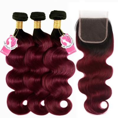 China Human Body Wave Ombre Hair Bundles With Closure 1B 99j Burgundy Color for sale