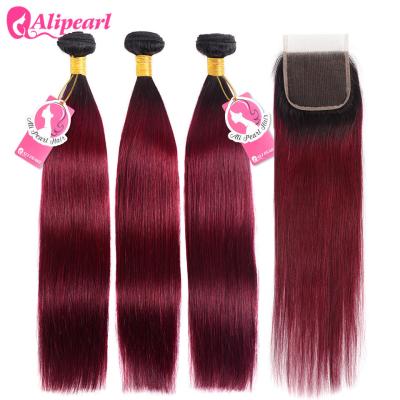 China Silky Straight Ombre Remy Hair Weave Burgundy Color 3 Bundles With Lace Closure for sale