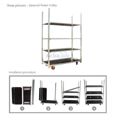 China Plywood Folding 4 Wheel Danish Trolley Logistics Flower Fast Turnover Trolley for sale