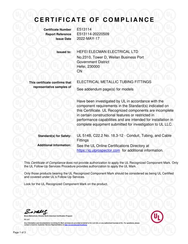 UL Certifiction - Hefei Elecman Electrical Co., Ltd.