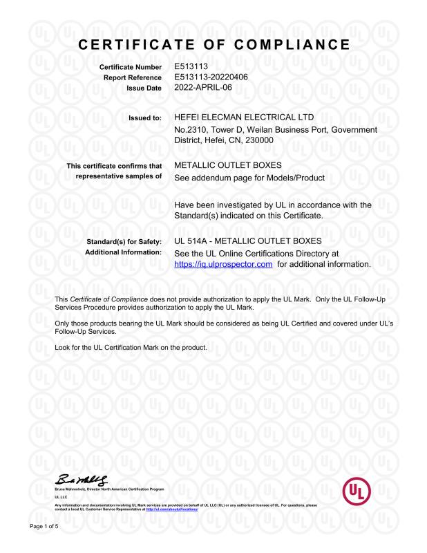 UL Certifiction - Hefei Elecman Electrical Co., Ltd.