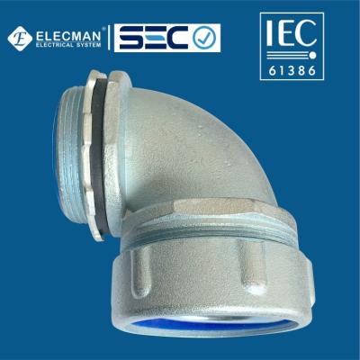 中国 IEC 61386 90度の適用範囲が広い水路のための液体の堅い角度のコネクター亜鉛 販売のため