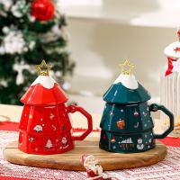 China Christmas Bone Ceramic Mug Gift Set 500ml with Lid Spoon Creative Tree Design for sale