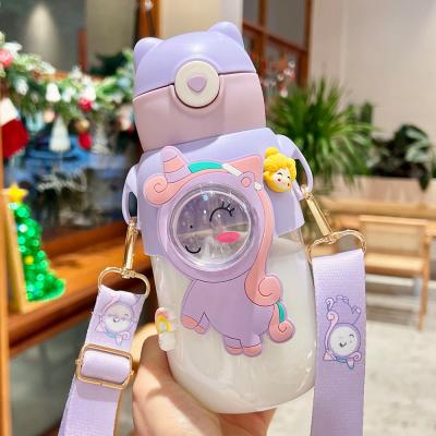 China 520ml Cartoon Plastic Straw Cup with Shoulder Strap Cute Design WITH ROPE Accessories for sale