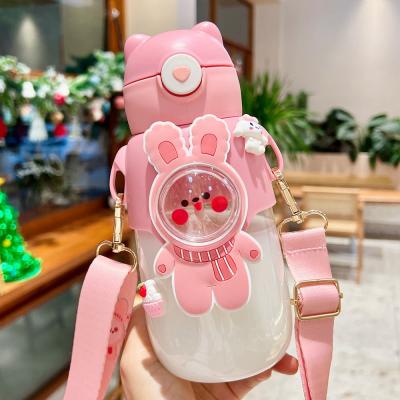 China 520ml Cartoon Plastic Straw Cup with Shoulder Strap Cute Design WITH ROPE Accessories for sale