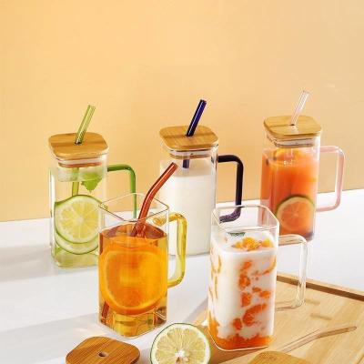 China Morden Luxury Square Shape Children Glass Drinking Juice Milk Cup with Colored Handle Bamboo Lid Glass Straw for sale