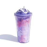 China 480ml Plastic Drinking Water Bottle 400g Double Wall Cup with Straw Custom Pattern for sale