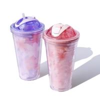 China 480ml Plastic Drinking Water Bottle 400g Double Wall Cup with Straw Custom Pattern for sale