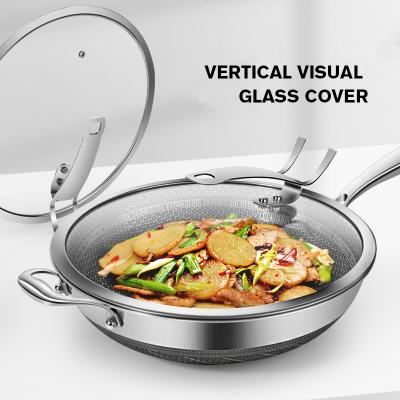 Cina 316 Acciaio inossidabile doppi strati Wok per uso domestico Padella antiaderente con coperchio di vetro in vendita
