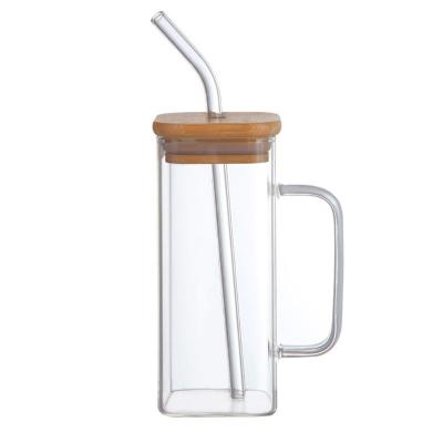 China Personalized 350ml Glass Cup Drinking Water Bottle with Wood Grain Lid and Square Shape for sale