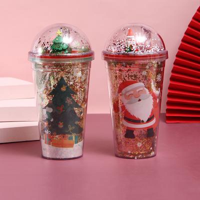 China 1 Piece 500ml Customized Logo Flash Double Wall Cup Leak-proof Reusable Christmas Plastic Bottle With Lid And Straw for sale