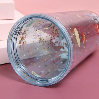 China 1 Piece 500ml Customized Logo Flash Double Wall Cup Leak-proof Reusable Christmas Plastic Bottle With Lid And Straw for sale
