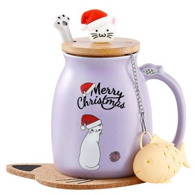 Cina Personalizzabile 380ml Piccola Tazza di Natale Rosa Gatto Tazza di Caffè in Ceramica Con Cucchiaio In Acciaio Inossidabile in vendita