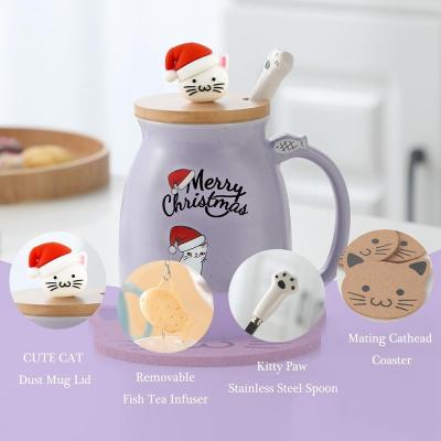 Cina Personalizzabile 380ml Piccola Tazza di Natale Rosa Gatto Tazza di Caffè in Ceramica Con Cucchiaio In Acciaio Inossidabile in vendita