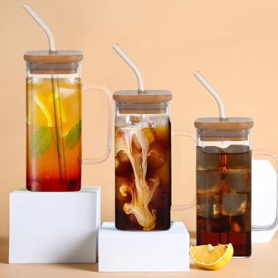China Party Occasion 350ML Custom Clear Square Glass Cold Beer Mug with Bamboo Lid and Straw for sale