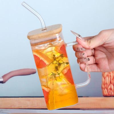 China Party Occasion 350ML Custom Clear Square Glass Cold Beer Mug with Bamboo Lid and Straw for sale