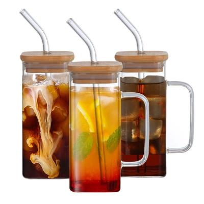 China Party Occasion 350ML Custom Clear Square Glass Cold Beer Mug with Bamboo Lid and Straw for sale