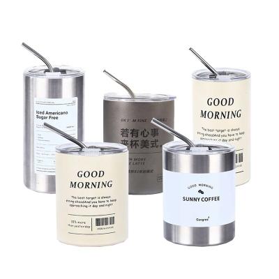 China Item Custom Logo 320ml/600ml Double Wall Stainless Steel Thin Straight Insulated Coffee Drink Cups With Lid And Straw for sale