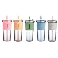 China Double Wall Plastic Reusable Bubble Tea Cup 700ml with Silicone Sleeve for sale