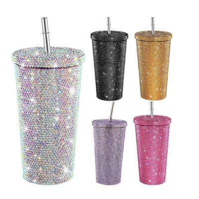China 500ML Double Wall Insulated Diamond Rhinestones Tumbler with Accessories With Straw for sale