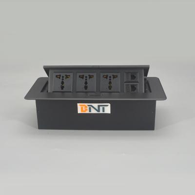 China Multi-Functional Zinc Alloy/Iron Office Desktop Tabletop Socket Pop-up Power Socket 2 RJ45 Plug 3 AC Outlets 5A Rated Current for sale