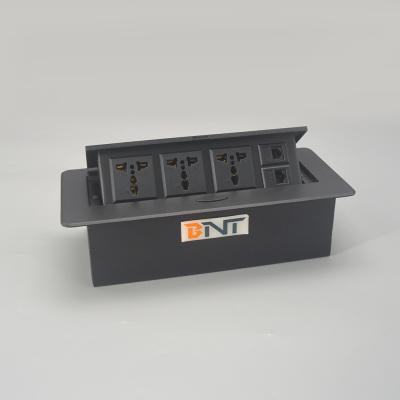 China Multi-Functional Zinc Alloy/Iron Office Desktop Tabletop Socket Pop-up Power Socket 2 RJ45 Plug 3 AC Outlets 5A Rated Current for sale