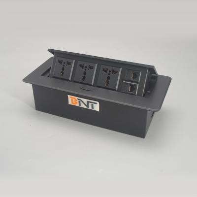 China Multi-Functional Zinc Alloy/Iron Office Desktop Tabletop Socket Pop-up Power Socket 2 RJ45 Plug 3 AC Outlets 5A Rated Current for sale