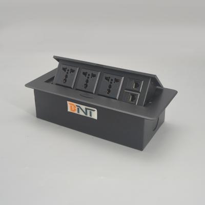 China Multi-Functional Zinc Alloy/Iron Office Desktop Tabletop Socket Pop-up Power Socket 2 RJ45 Plug 3 AC Outlets 5A Rated Current for sale