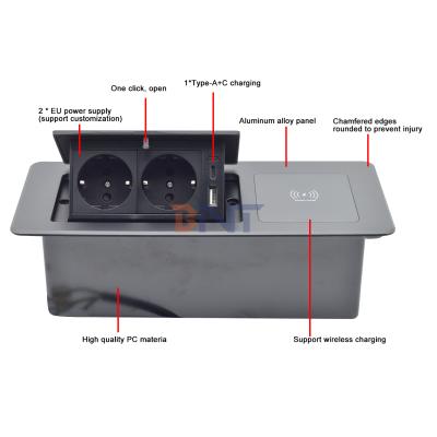 China Wireless Charging Power Socket Box Pop-up Electrical 2-Outlet Table with USB A+C Ports for sale