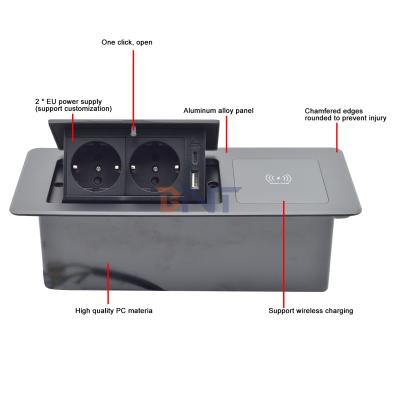 China Wireless Charging Desktop Table Pop-up Power Socket Multi-Connection Box Featuring 2 AC Outlets 10A IP44 for sale