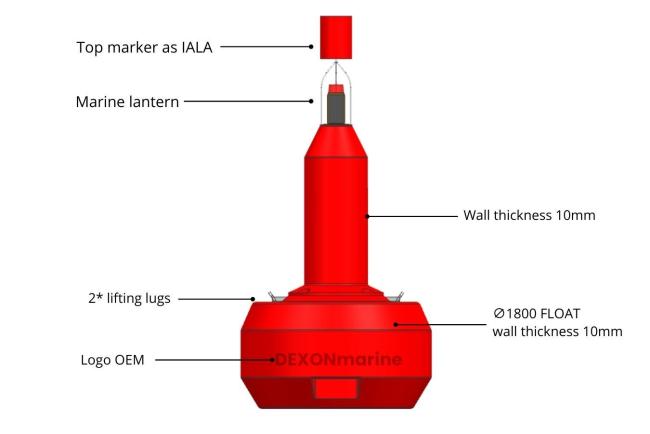 The Dexonmarine DMF1800 Offshore Lateral Navigation Buoy with Lantern is a 1800mm IALA-compliant buoy engineered for reliable channel marking in offshore, port, and river environments with currents up to 5 knots.
