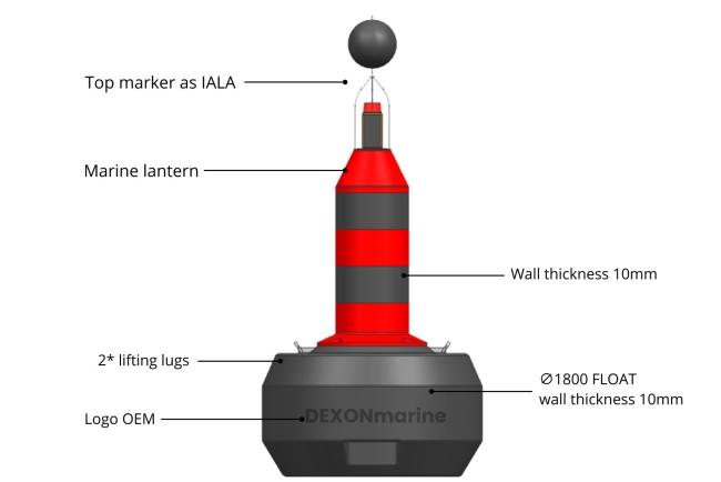 The Dexonmarine DMF1800 IALA Isolated Danger Buoy with Lantern is a 1800mm black and red polyethylene marker designed for offshore navigation. It features a rugged shell, EPS core, radar reflector, galvanized steel fittings, and an IALA topmark. Optional LED lanterns provide high visibility for long-term hazard marking in challenging marine conditions.