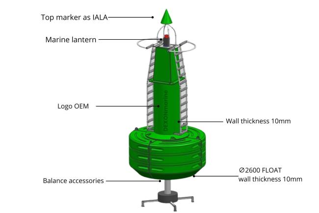 The Dexonmarine DMF1800 Offshore Lateral Navigation Buoy with Lantern is a 1800mm IALA-compliant buoy engineered for reliable channel marking in offshore, port, and river environments with currents up to 5 knots.