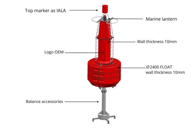 The Dexonmarine DMF2400 Offshore Lateral Navigation Buoy with Lantern is a 1800mm IALA-compliant buoy engineered for reliable channel marking in offshore, port, and river environments with currents up to 5 knots.