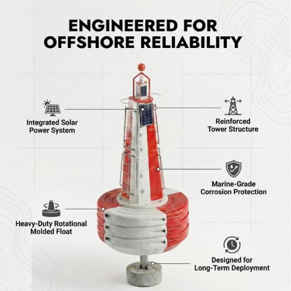 Quality Heavy-duty Ø2600 offshore navigation buoy with 6000kg buoyancy, galvanized steel tower, LLDPE float body and SC160 lantern compatibility. OEM options available. for sale