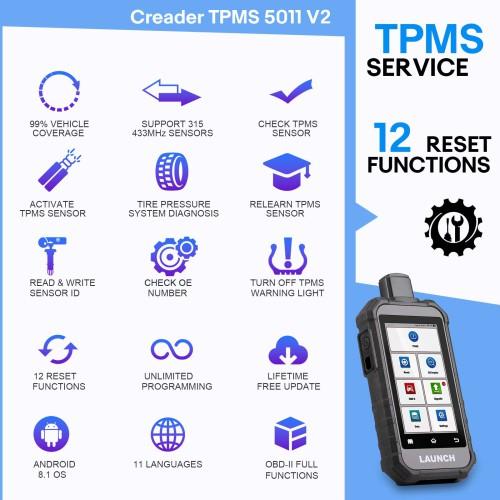 2025 LAUNCH Creader TPMS 5011 V2 TPMS Activation Diagnostic Tool WIFI Upgrade 12 Reset Functions Activate 315/433MHZ & 2.4Ghz Tire Pressure Sensors