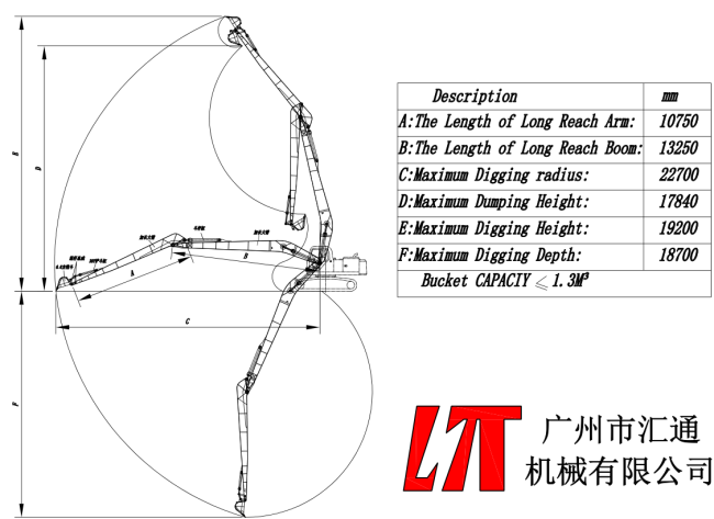 Excavator High Demolition Boom General Arrangement Drawing