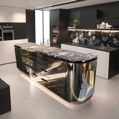 China Black Marble Kitchen Island Luxury Dining Room Furniture Polished Stainless Steel Base LED Light Storage for sale