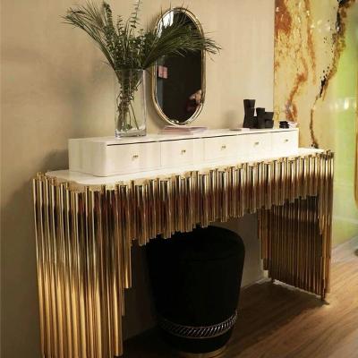 China Gold Stainless Steel Makeup Vanity Table Mirror Drawers Modern Bedroom Stand for sale