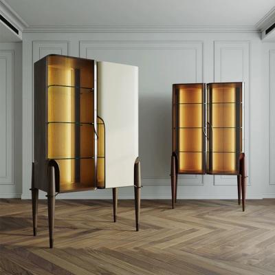 China Living Room Luxury Wooden Wine Display Cabinet With Glass Doors Leather Storage Unit Wall Mounted for sale