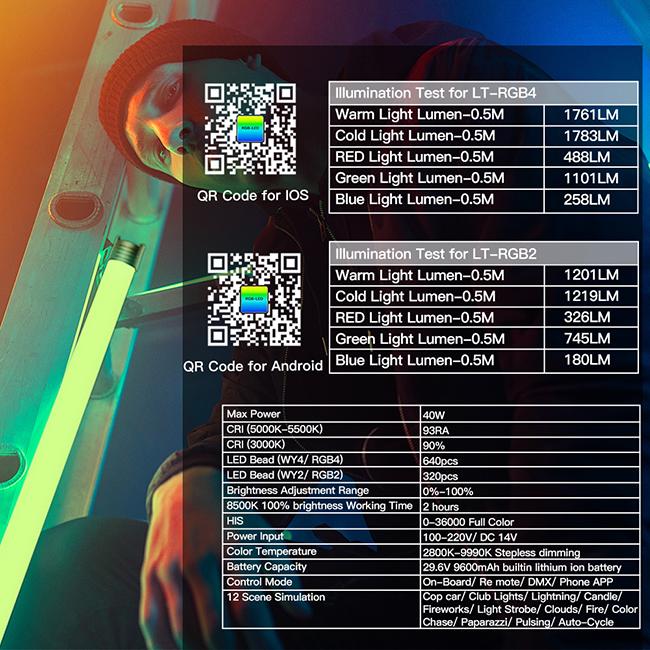 Portable Stick Neon Rechargeable LED Tube Light 4 Feet CRI 96 Daylight RGB 3
