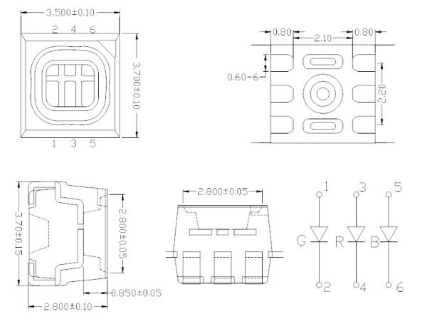 Quality SMD3535 3.55mm X 3.5mm RGB LED Diode PCT Bracket 120deg 6pins Clear Lens SMD LED for sale